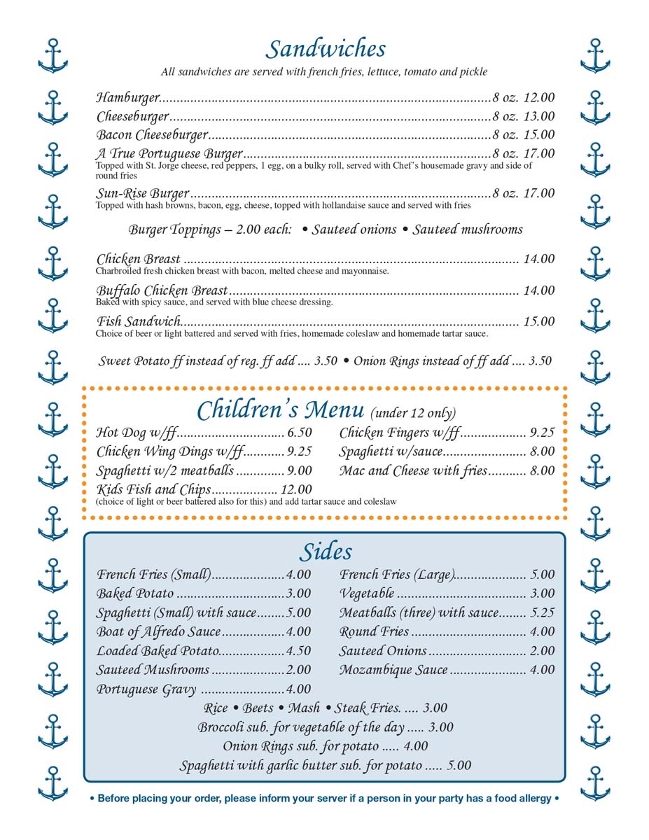 Menu Blue Point Restaurant